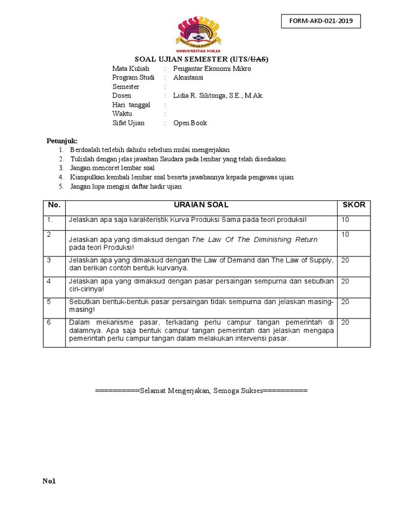 SOAL UTS Pengantar Ekonomi Mikro-2020 | PDF