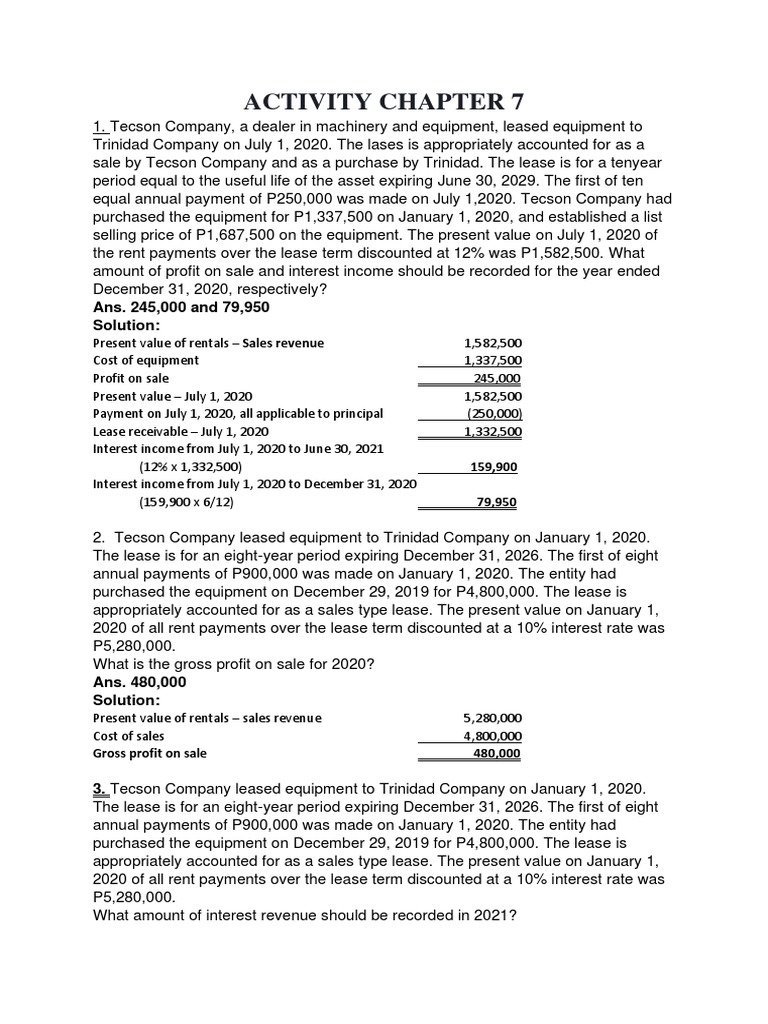 Activity Chapter 7: Ans. 245,000 and 79,950 Solution | PDF | Lease ...