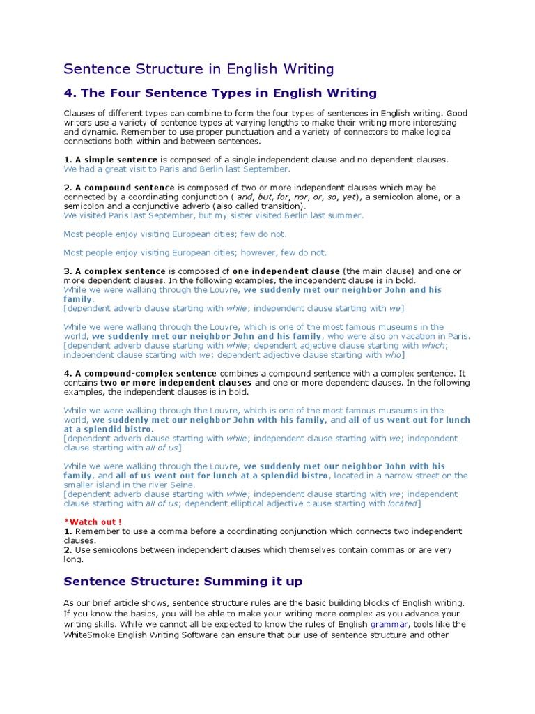 The Four Sentence Types in English Writing | PDF | Subject (Grammar) | Verb