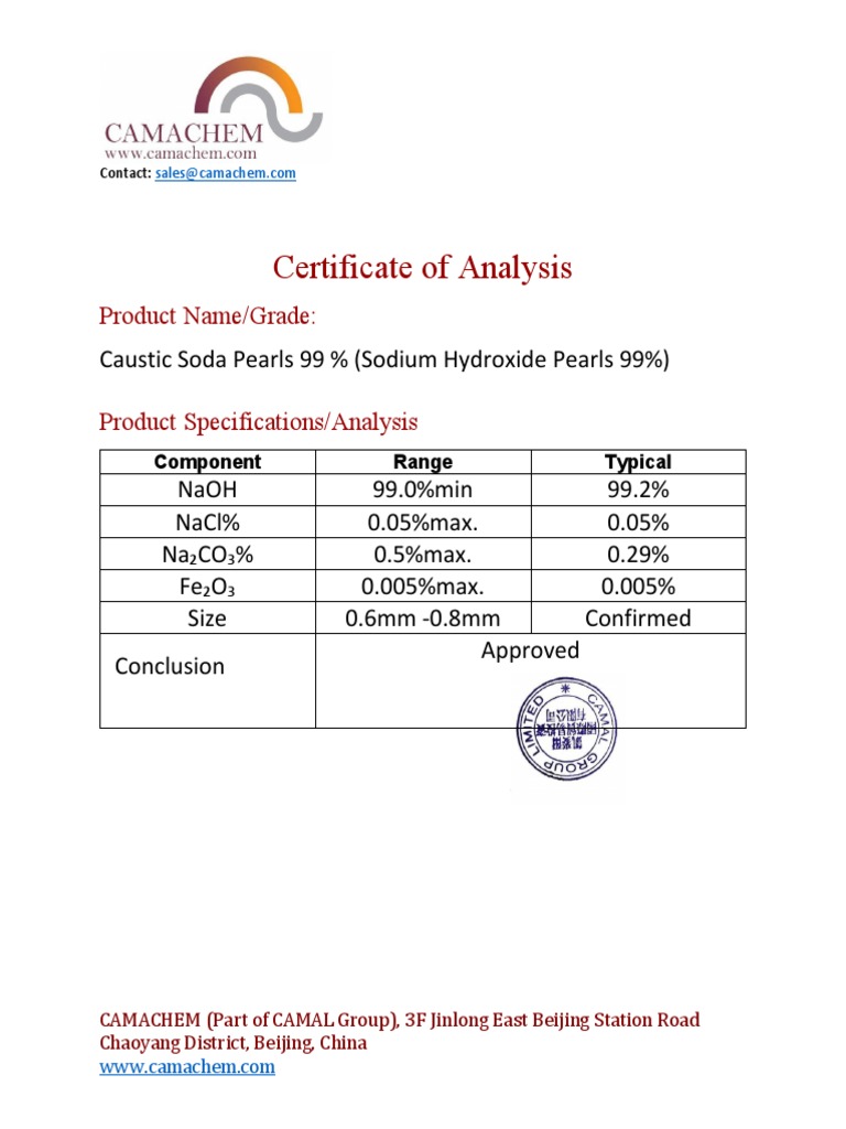 Camachem-Caustic Soda Pearls 99 COA TDS | PDF
