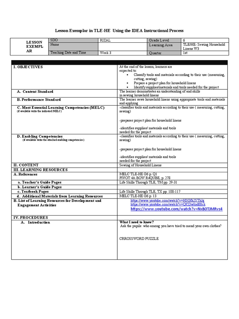 Lesson Exemplar in TLE-HE Using The IDEA Instructional Process | PDF ...