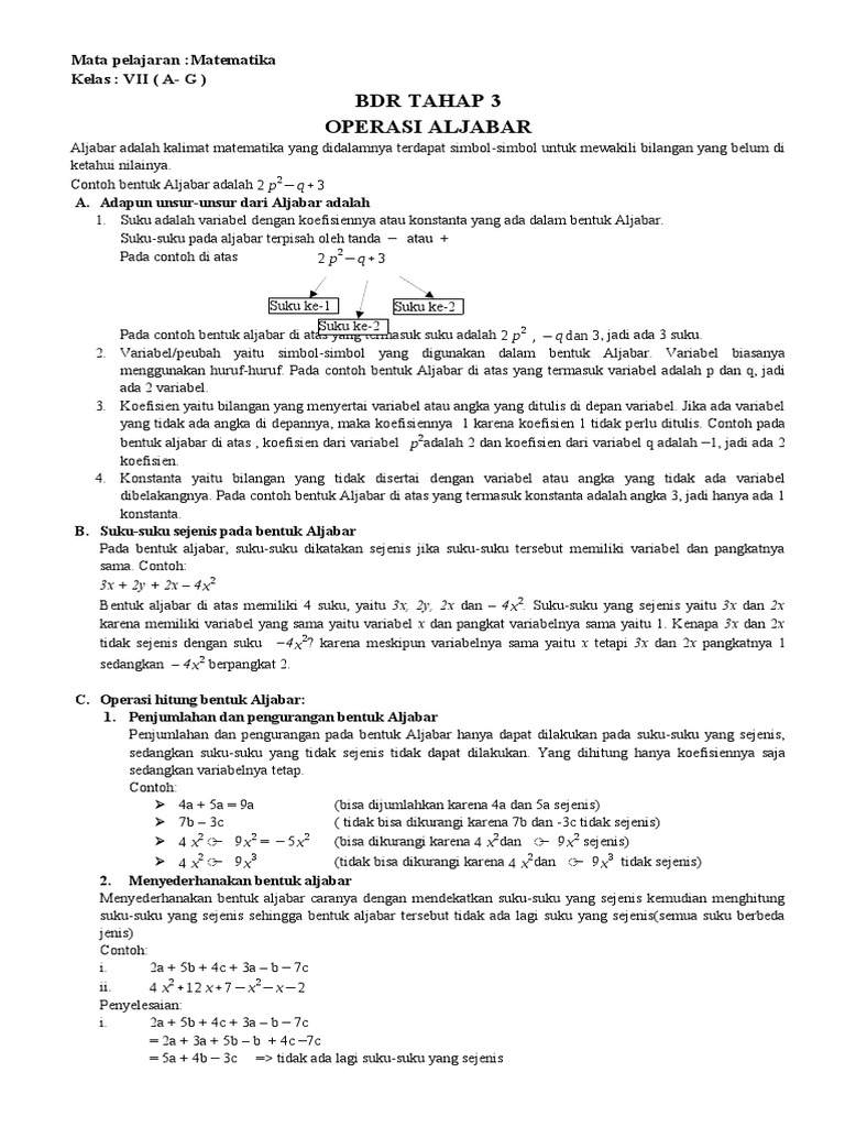 Bahan Ajar MTK KLS 7 Semster 1 Aljabar | PDF