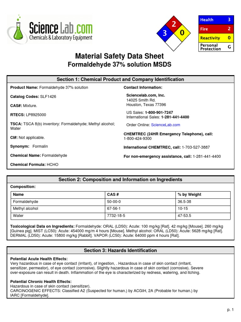 Formaldehyde Solution MSDS | PDF | Toxicity | Formaldehyde