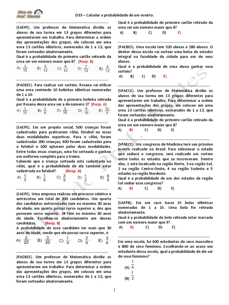 2º Ano Atividades 2 | PDF | Probabilidade | Aleatoriedade