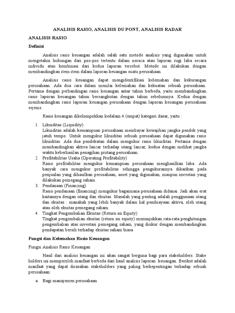 Analisis Rasio, Analisis Du Pont, Analisis Radar. | PDF | Bisnis | Pengelolaan Keuangan & Uang