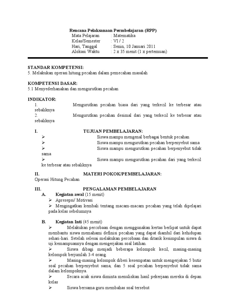 Contoh RPP Matematika Kelas 6 SD | PDF