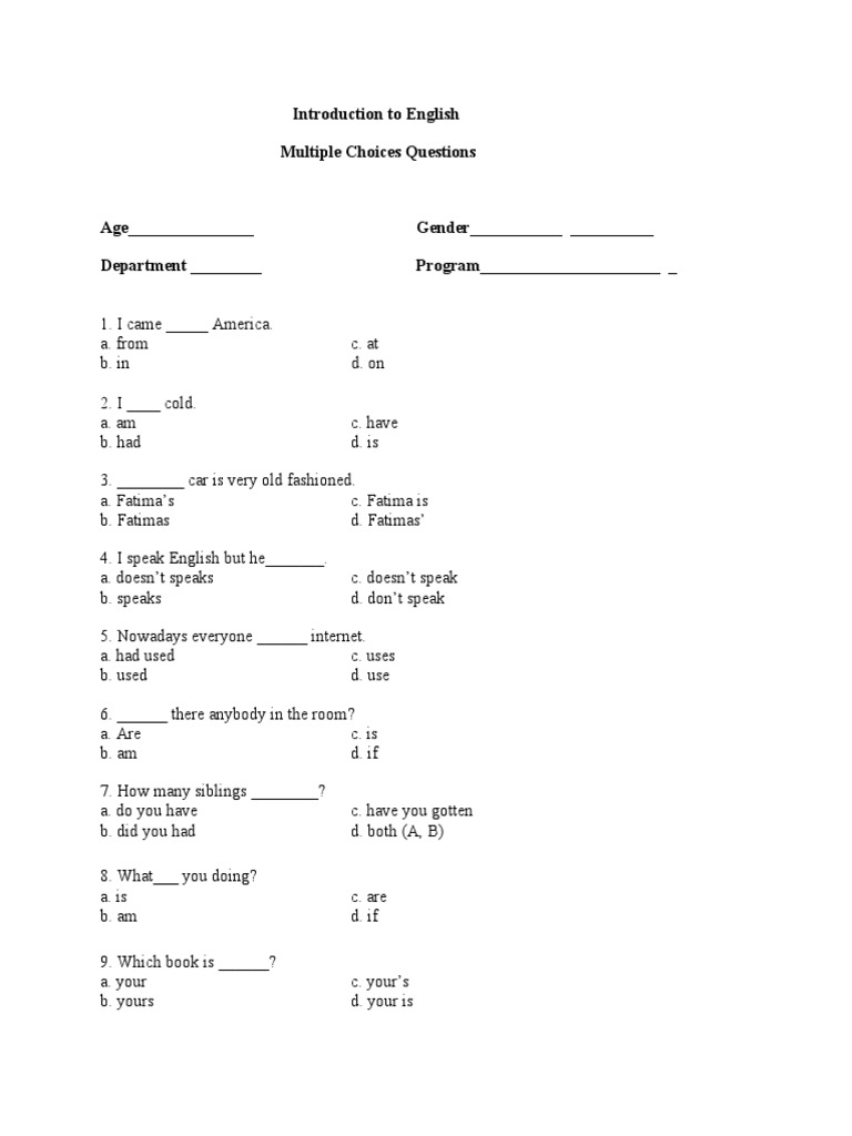 Introduction To English Multiple Choices Questions | PDF
