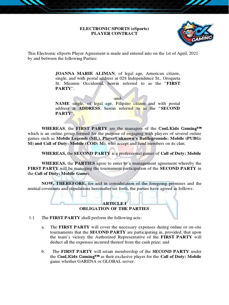 eSports Player Contract | PDF | Confidentiality | Breach Of Contract