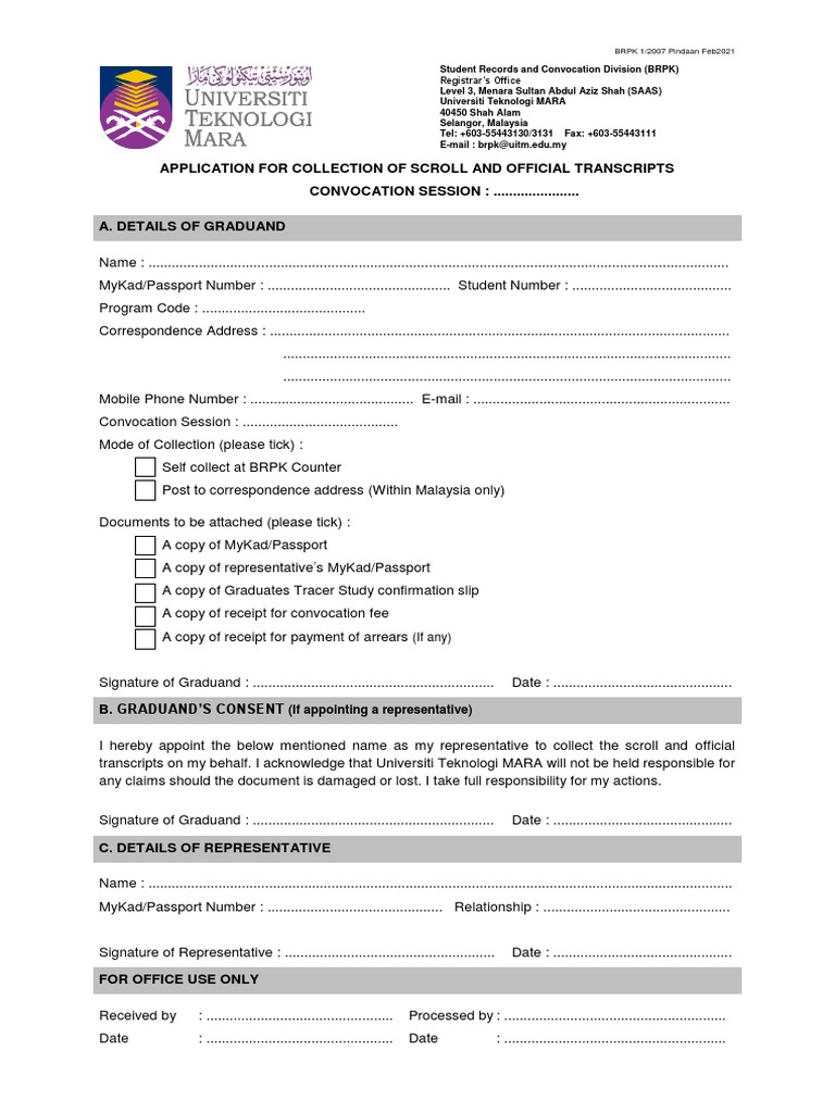 Application For Collection of Scroll and Official Transcripts ...