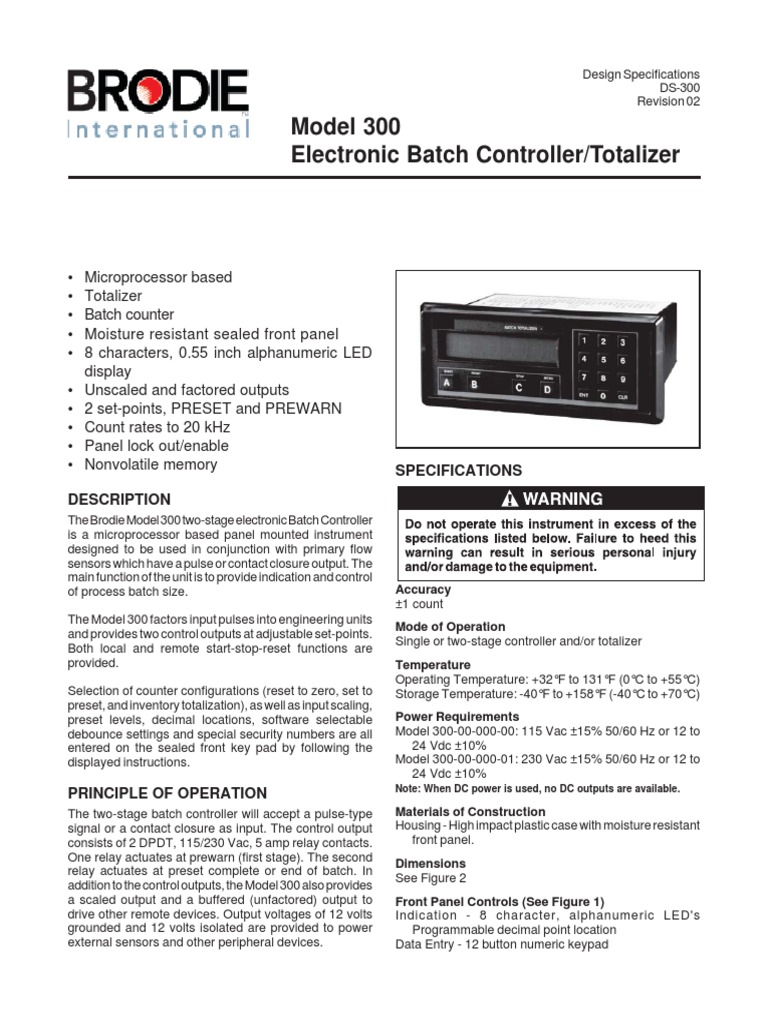 300 Electronic Batch Controller Totalizer Datasheet | PDF | Relay | Switch