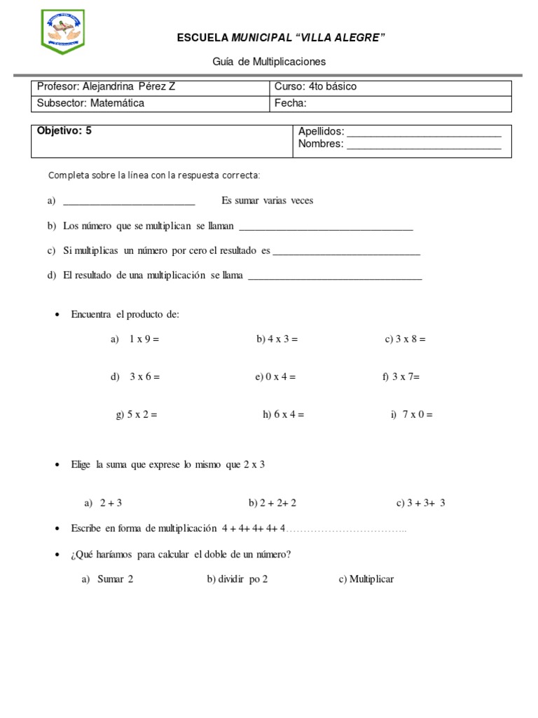 Guia 10 Multiplicaciones Matemática 4to Básico | PDF