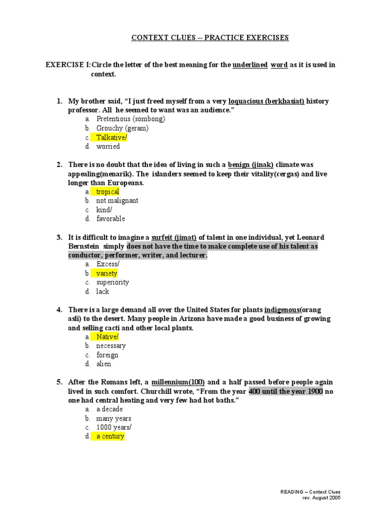 READING - Context Clues Rev. August 2005 | PDF