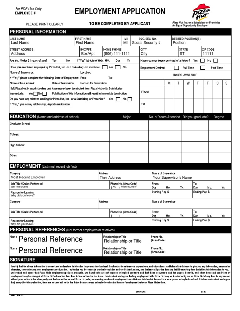 Pizza Hut Job Application | PDF | Contractual Term | Employment