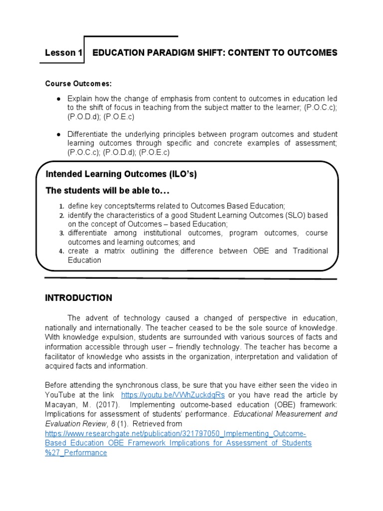 Lesson 1 Education Paradigm Shift: Content To Outcomes | PDF ...