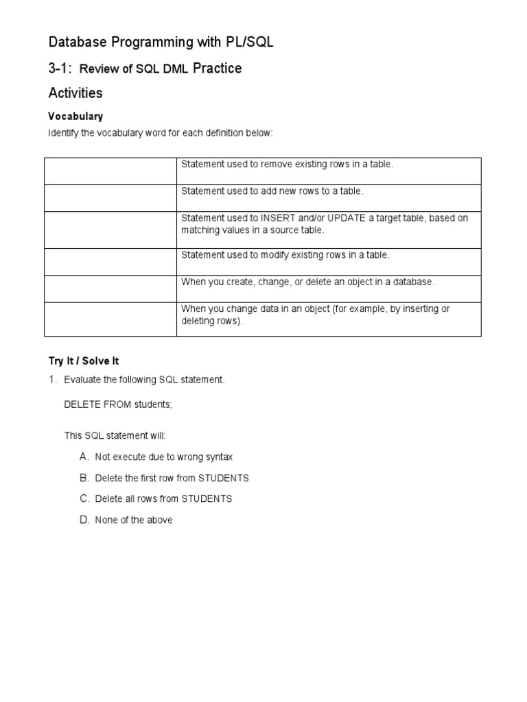 Database Programming With PL/SQL 3-1: Practice Activities: Review of SQL DML | PDF | Pl/Sql ...