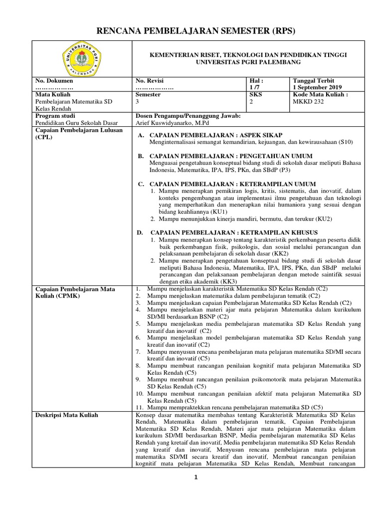 RPS Pembelajaran Matematika Kelas Rendah | PDF