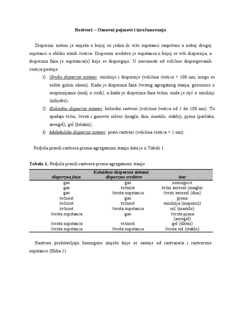 I Razred - Prehrambeni Tehničar - Vrste Rastvora, Koncentracije I Priprema Rastvora | PDF