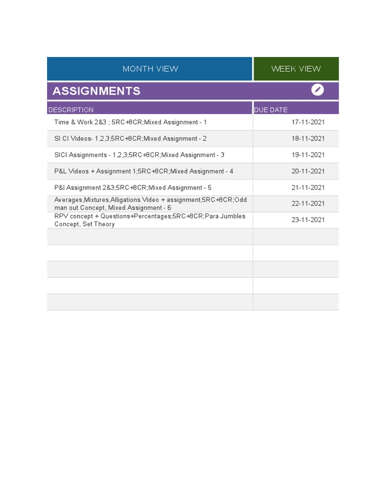 Assignments: Month View Week View | PDF