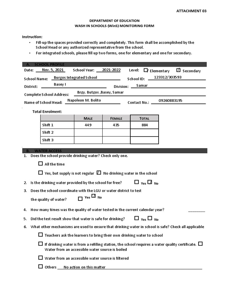 WinS Monitoring Form for Schools | PDF | Sanitation | Toilet