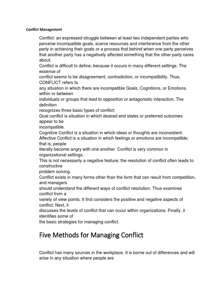 Five Methods For Managing Conflict | PDF | Conflict (Process) | Employment
