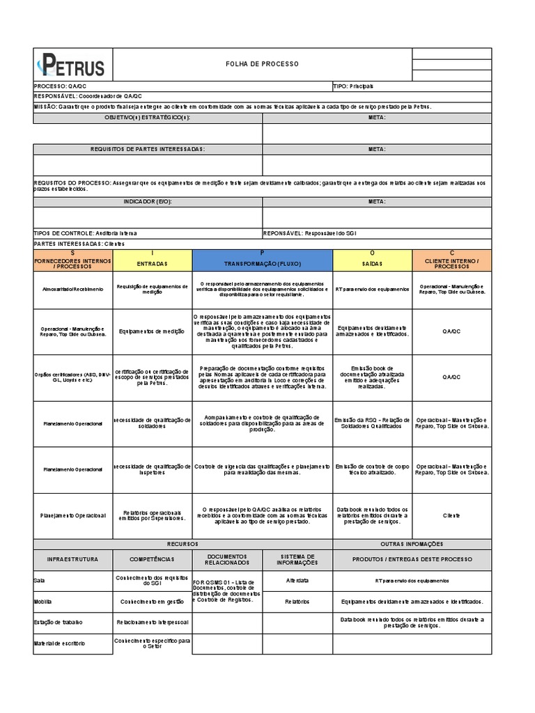 FOLHA DE PROCESSO - Modelo | PDF | ISO 9000 | Planejamento