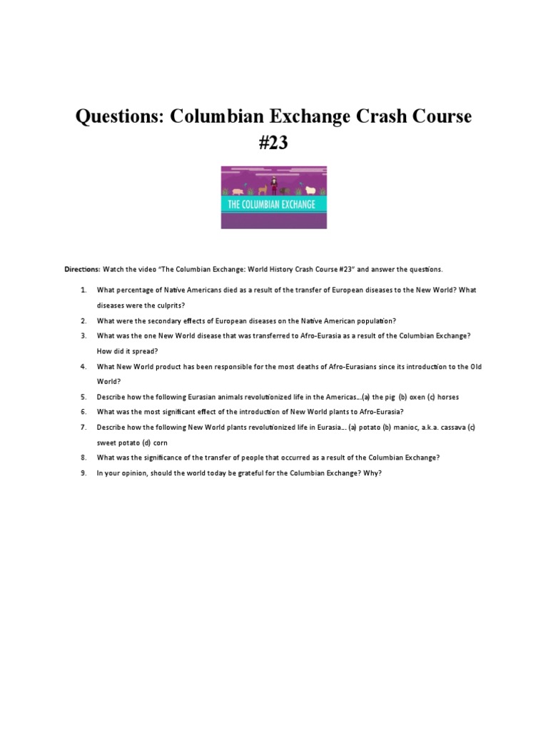Questions: Columbian Exchange Crash Course #23 | PDF