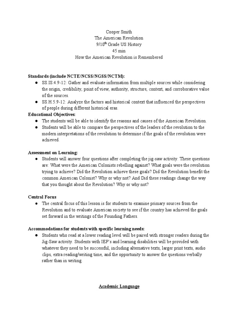 American Revolution Jig Saw Lesson Plan | PDF | Revolutions ...