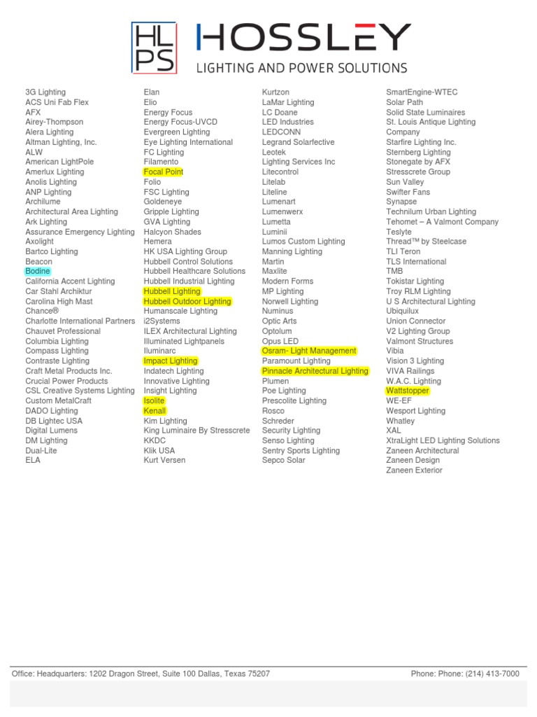 Hossley Lighting Power Solutions Linecard | PDF | Lighting | Components