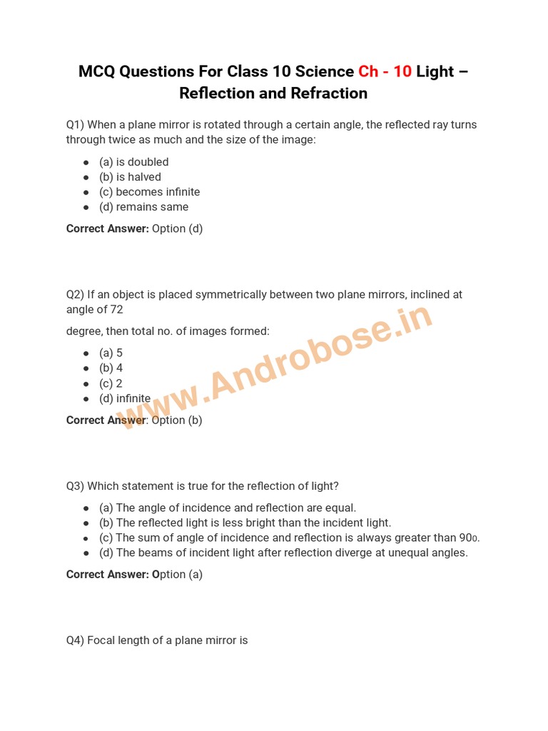 MCQ Questions For Class 10 Science CH - 10 Light - Reflection and ...