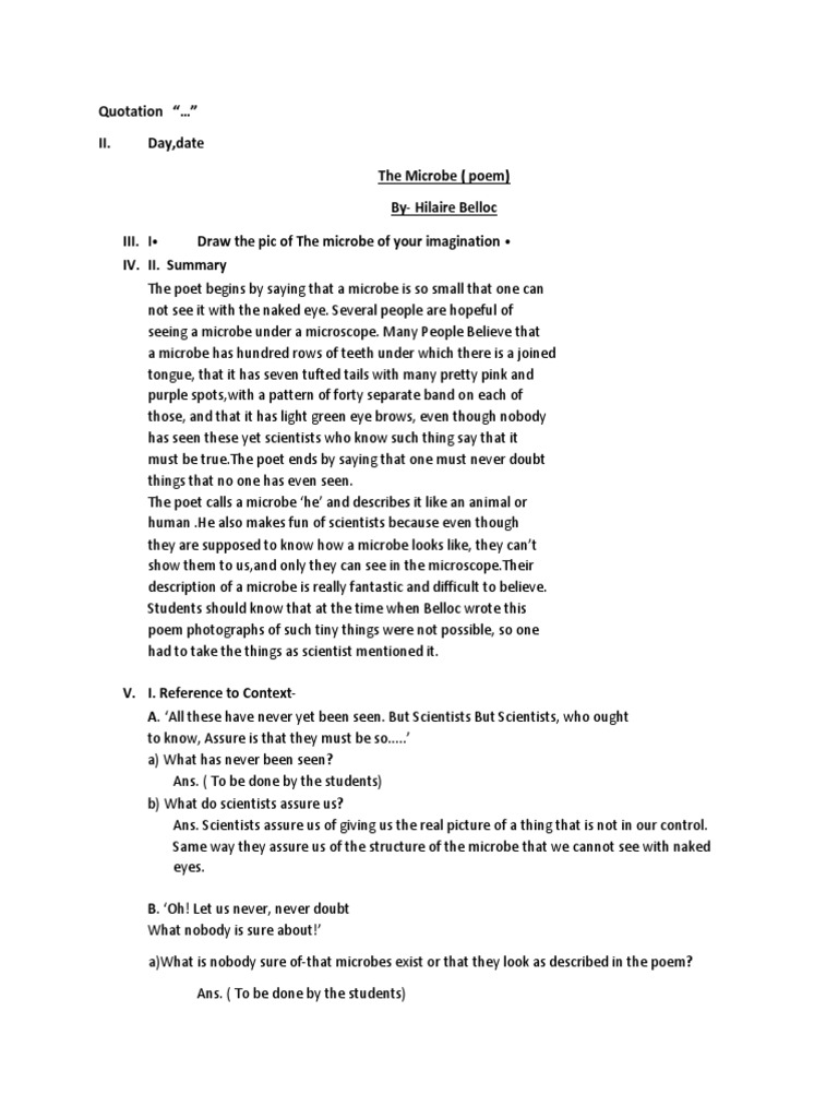 The Microbe (Poem) Class VIII | PDF