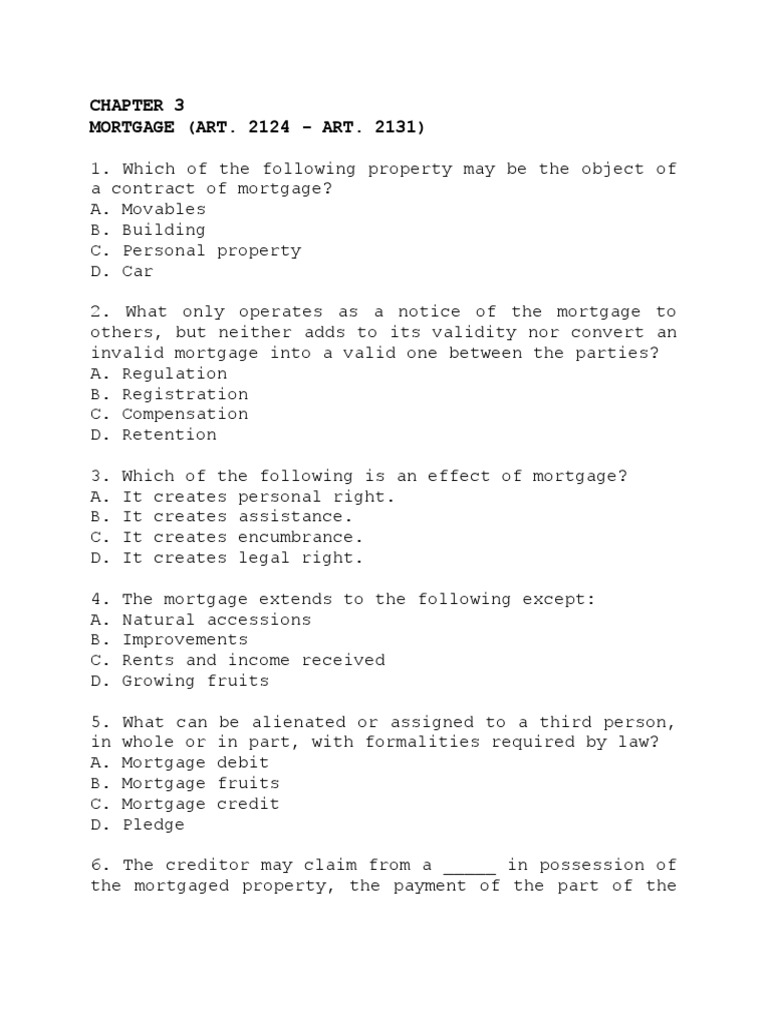 Mortgage and Antichresis Quiz Answers | PDF | Mortgage Law | Foreclosure