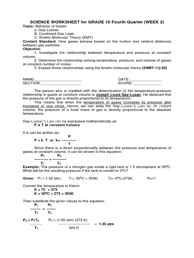 SCIENCE WORKSHEET For GRADE 10 Fourth Quarter (WEEK 2) | PDF | Gases ...