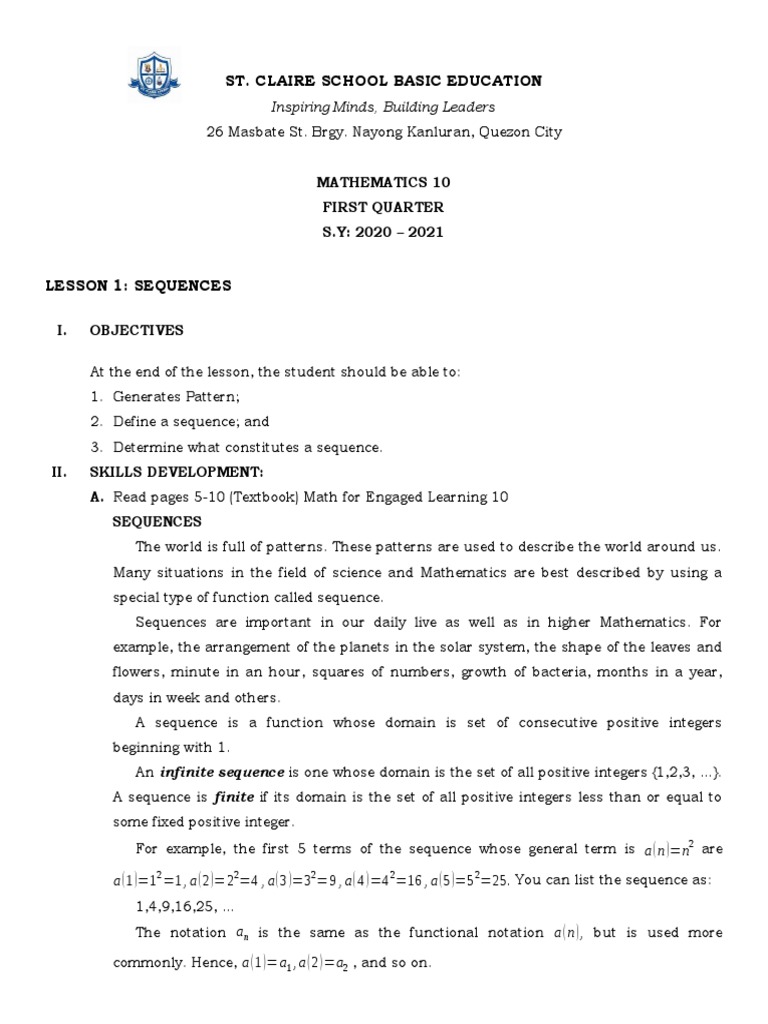 Math 10 Q1 Lesson 1 | PDF | Summation | Sequence