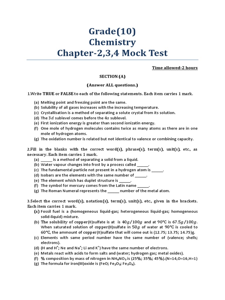 Grade (10) Chemistry Chapter-2,3,4 Mock Test: Time Allowed-2 Hours ...