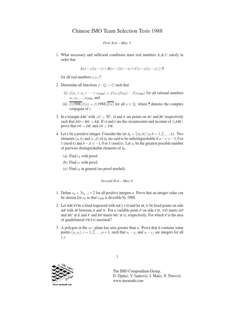 Chinese IMO Team Selection Tests 1988: First Test - May 3 | PDF ...