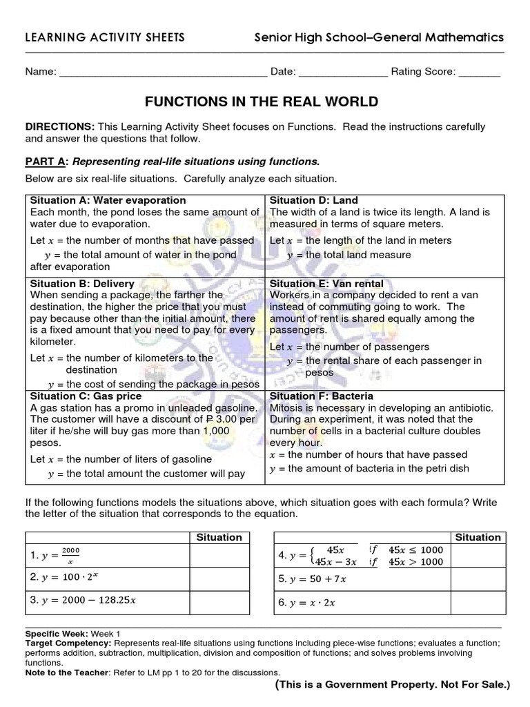Representing Real-World Situations Through Functions | PDF | Equations ...