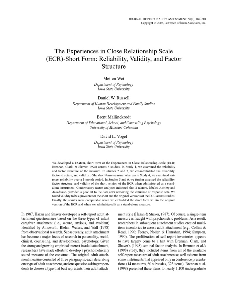 The Experiences in Close Relationship Scale (ECR) - Short Form ...