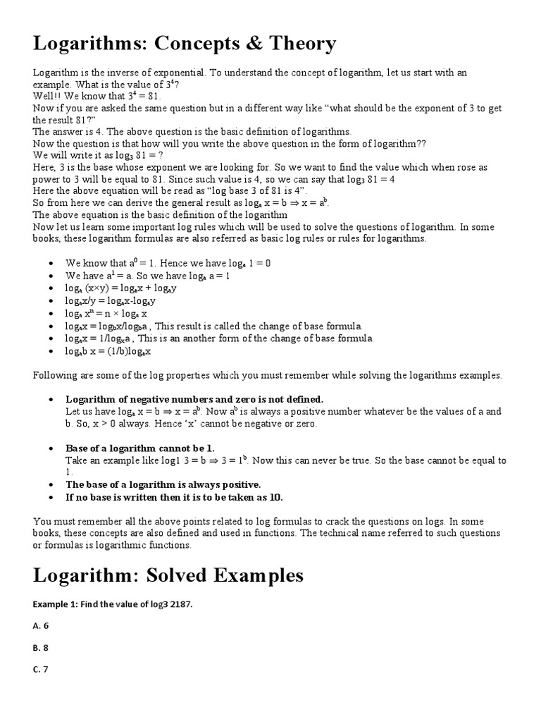 Logarithms: Concepts & Theory: Example 1: Find The Value of Log3 2187 ...