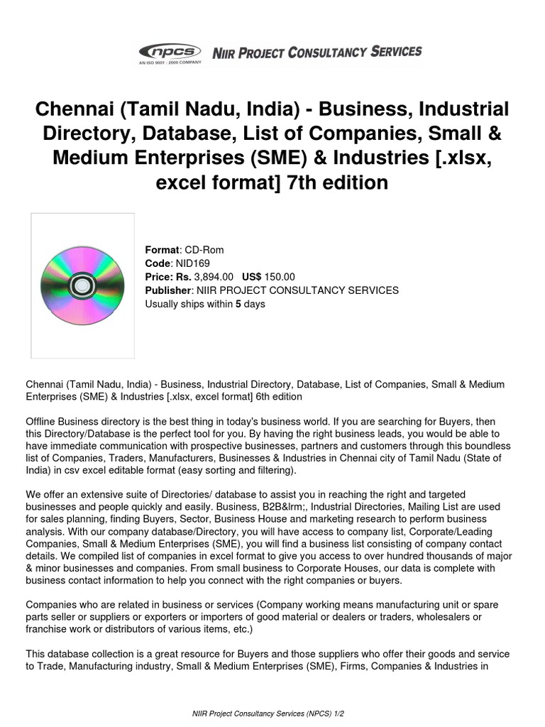 Niir Chennai Tamil Nadu India Business Industrial Directory Database ...