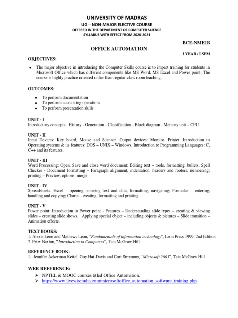 University of Madras: Ug - Non-Major Elective Course | PDF