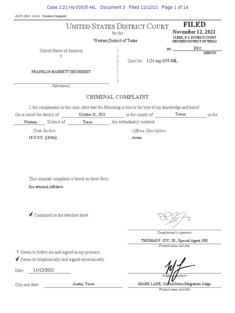 TX Complaint | PDF | Special Agent | Complaint