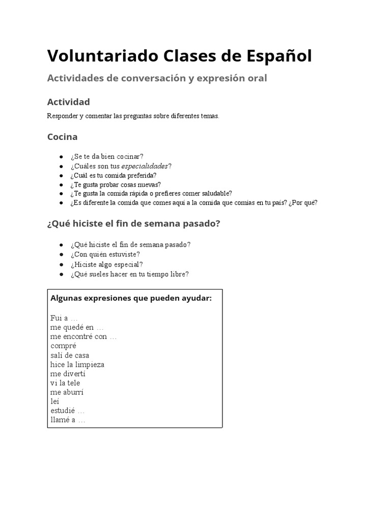 Conversación Clases de Español | PDF