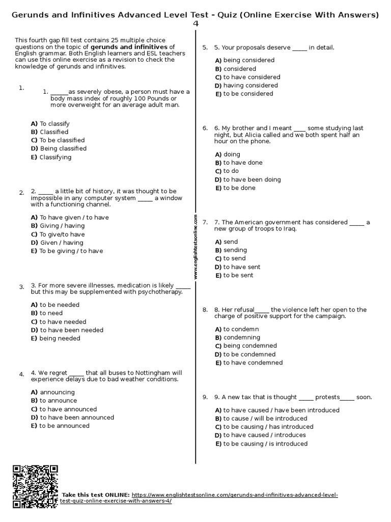 338 Gerunds and Infinitives Advanced Level Test Quiz Online Exercise ...