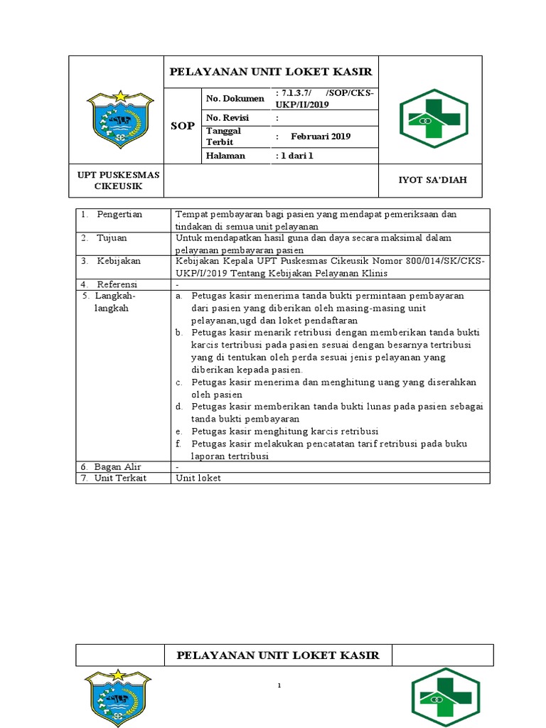 7.1.3 Ep 7 Sop Pelayanan Unit Loket Kasir | PDF