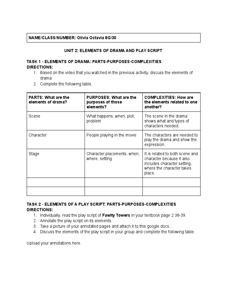 Olivia Octavia - Unit 2 - Elements of Drama and Playscript | PDF