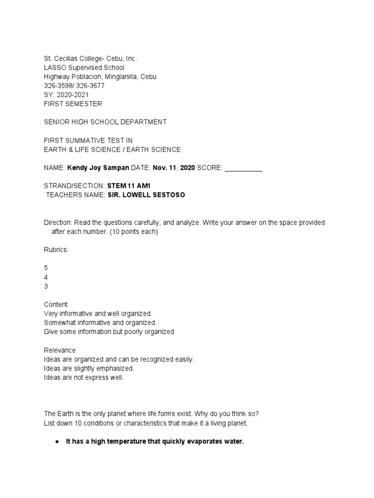 Earth Science - Summative Test | PDF | Earth | Soil