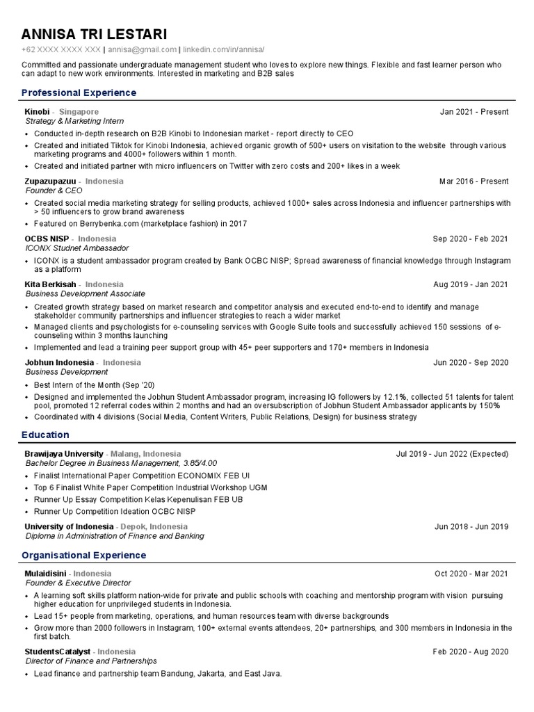 Annisa Tri Lestari: Professional Experience | PDF | Marketing | Business Process