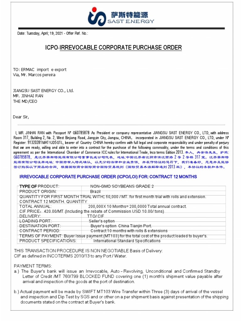 Irrevocable Corporate Purchase Order (Icpo/Loi) For: Contract 12 Months ...