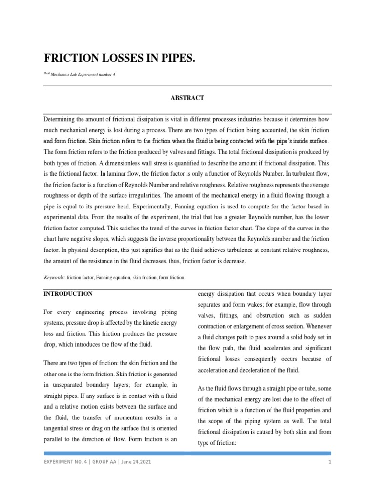 Friction Losses in Pipes.: Mechanics Lab Experiment Number 4 | PDF ...