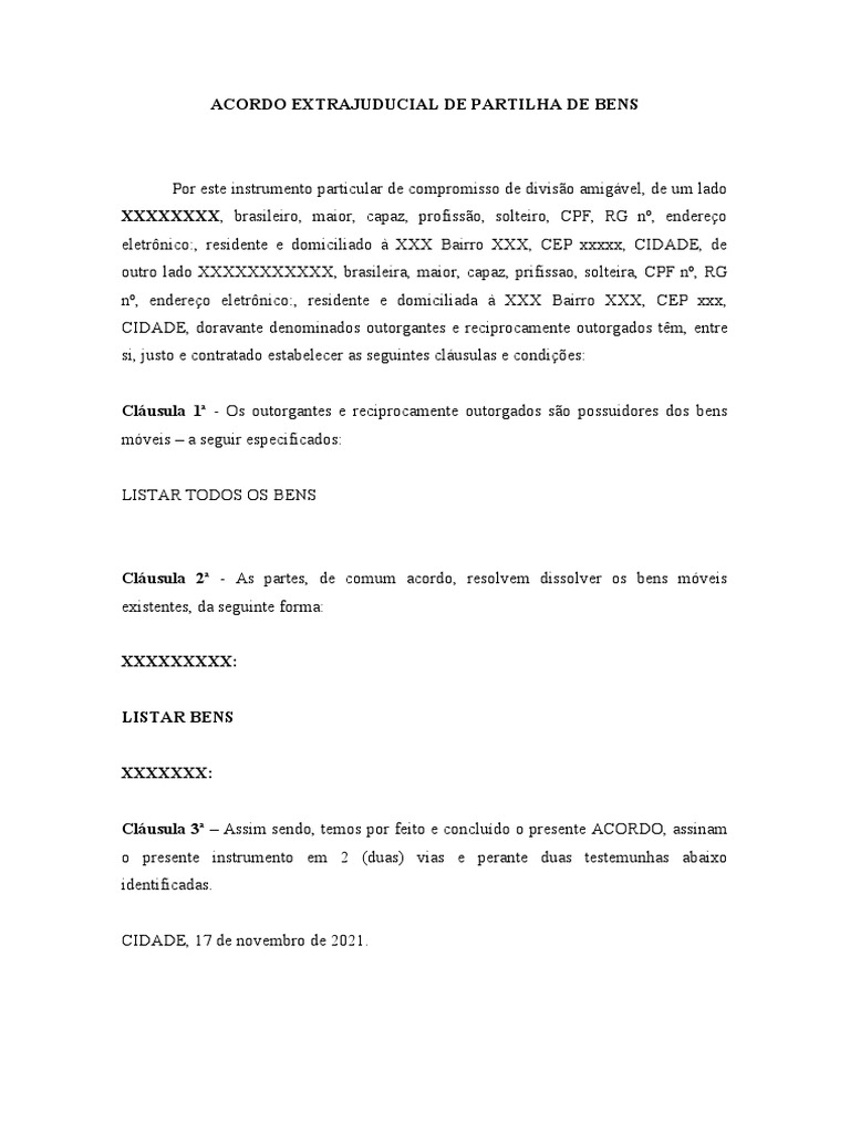 Acordo Extrajudicial de Partilha de Bens | PDF | Direito